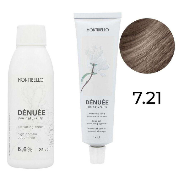 Zestaw Montibello Denuee farba 7.21 popielaty perłowy blond 60 ml + krem aktywujący 22VOL 6,6% ...